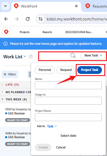 Solved: How can I make a quick new task for project in Wor... - Adobe ...