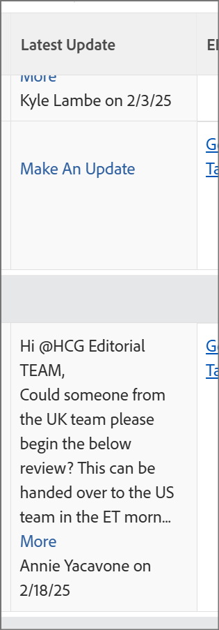 Solved: Add latest update/comment on a task into project t... - Adobe ...